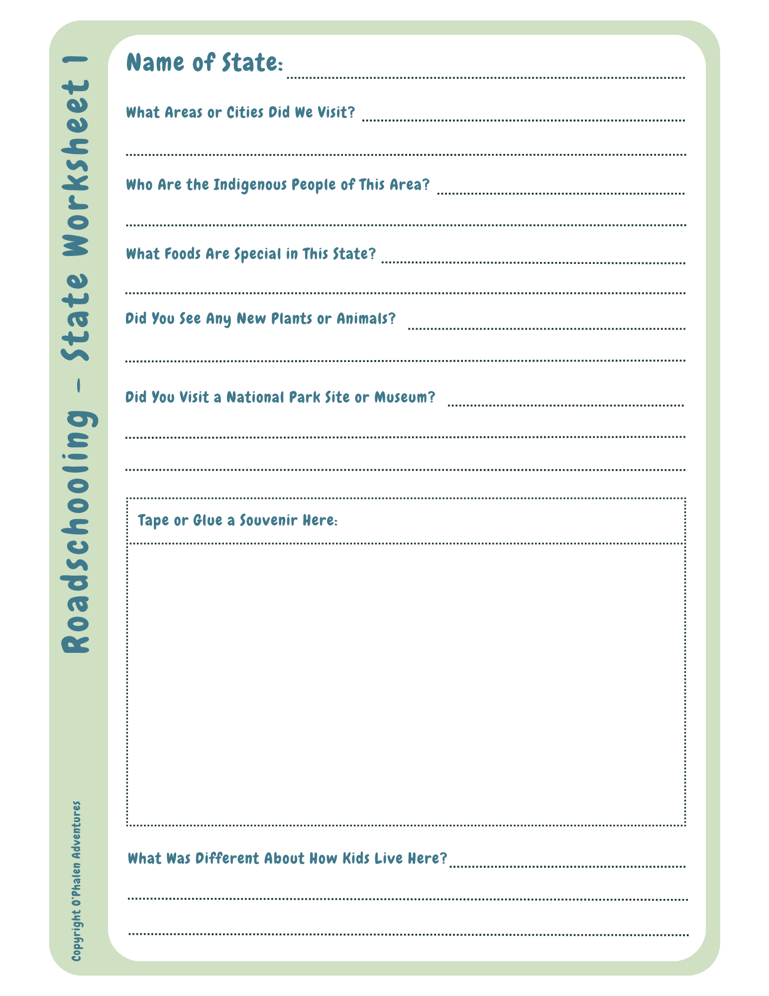 State Worksheet / Travel Journal for Kids - O'Phalen Adventures